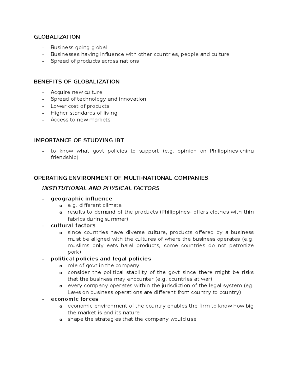 NOTES ON INTERNATIONAL BUSINESS AND TRADE - GLOBALIZATION - Business ...