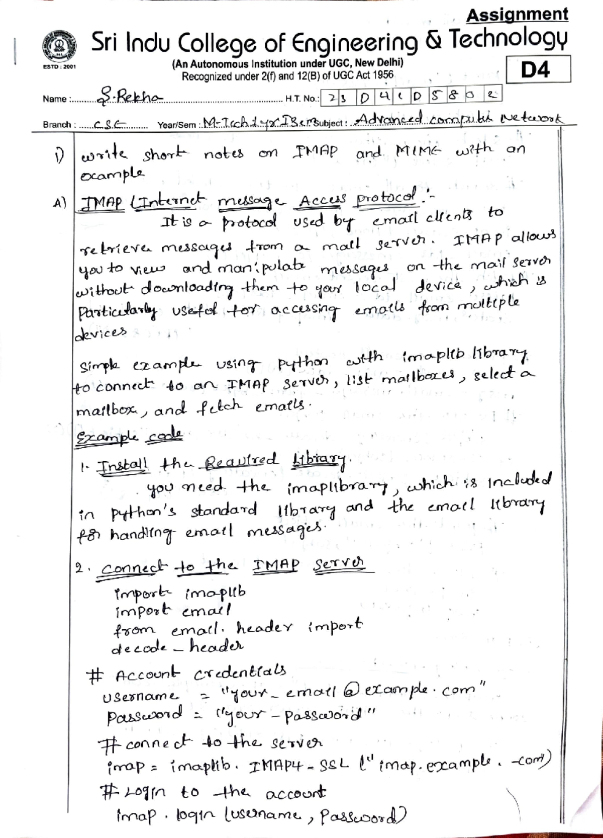 Acn-1-1 - Computer networks - Assignment Sri Indu College of Engineering Technology ESTD 2001 ...