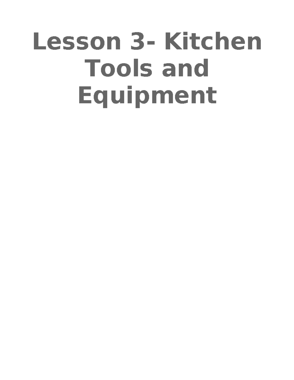 Lesson 3 kitchen tools and equipment - Lesson 3- Kitchen Tools and ...