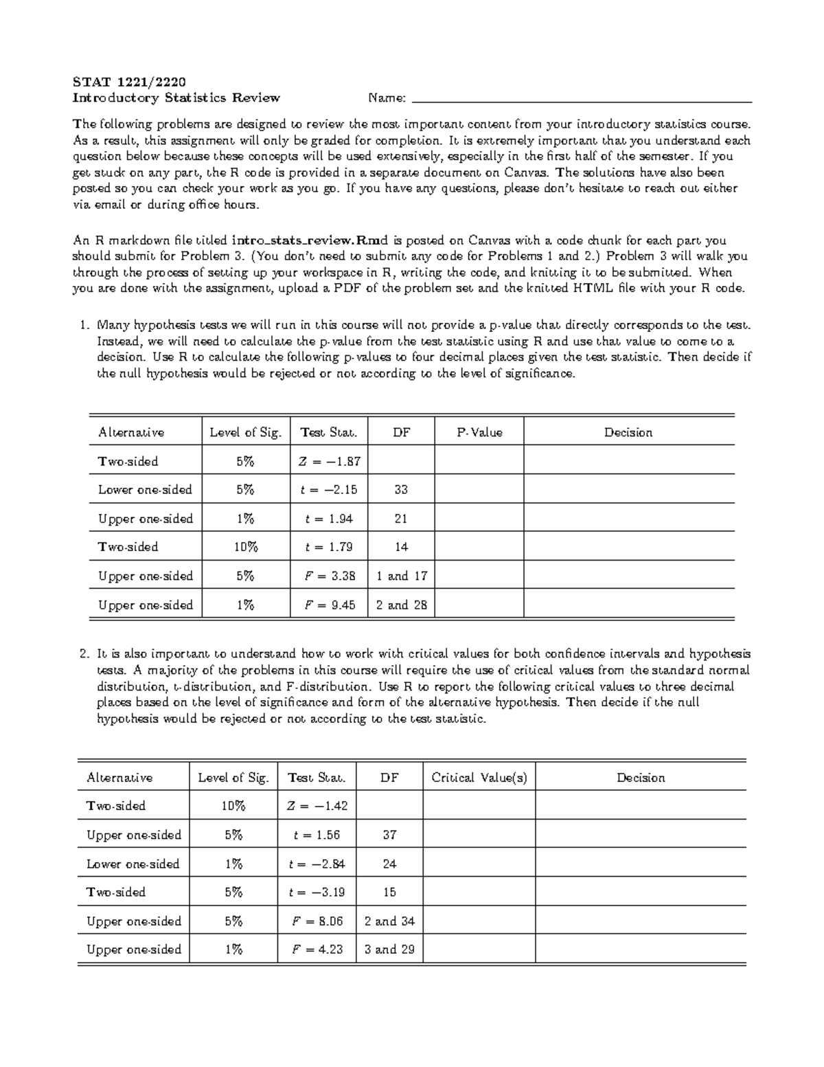 Introductory Statistics Review Problems - STAT 1221/ Introductory ...