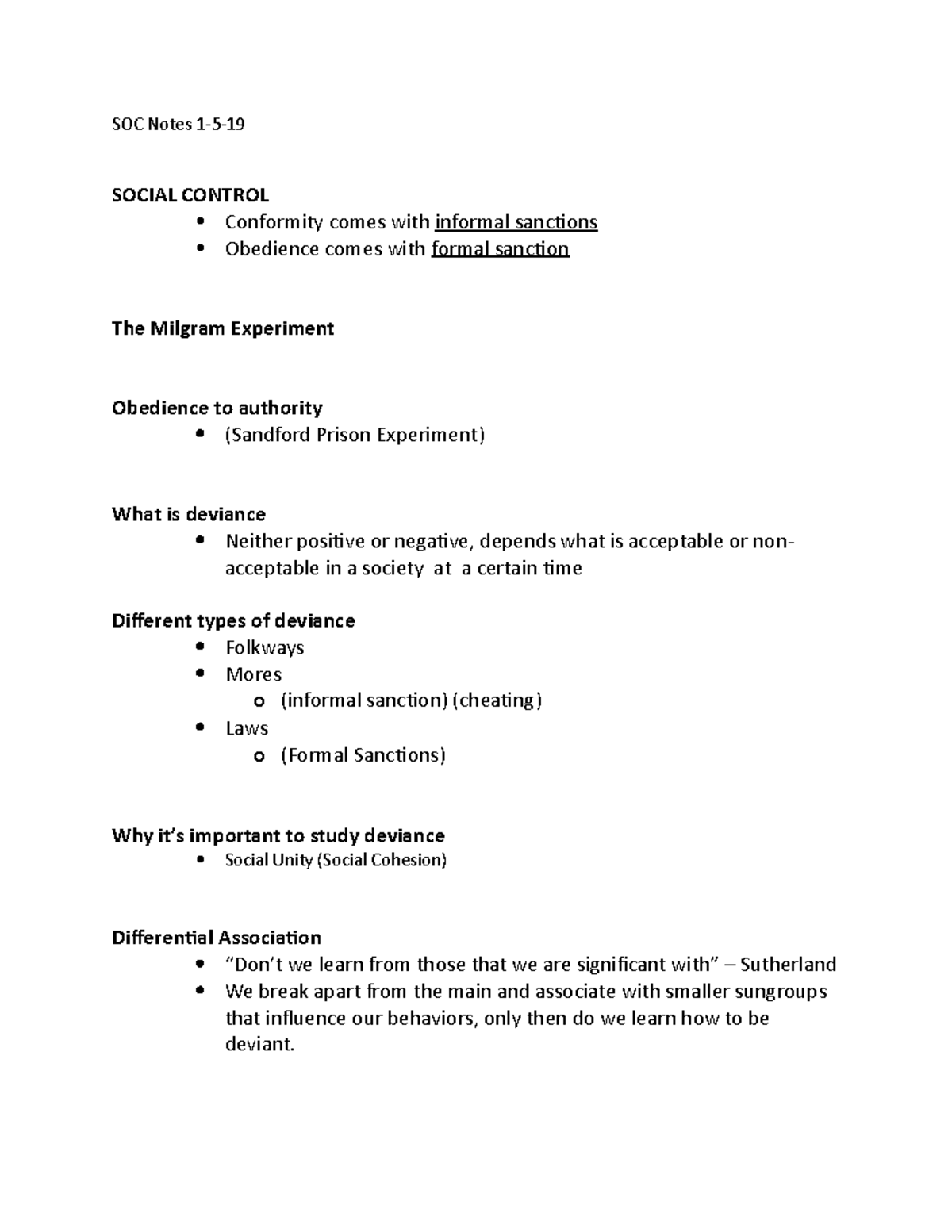 SOC Notes 2-5 - soc 101 - SOC Notes 1-5- SOCIAL CONTROL Conformity ...