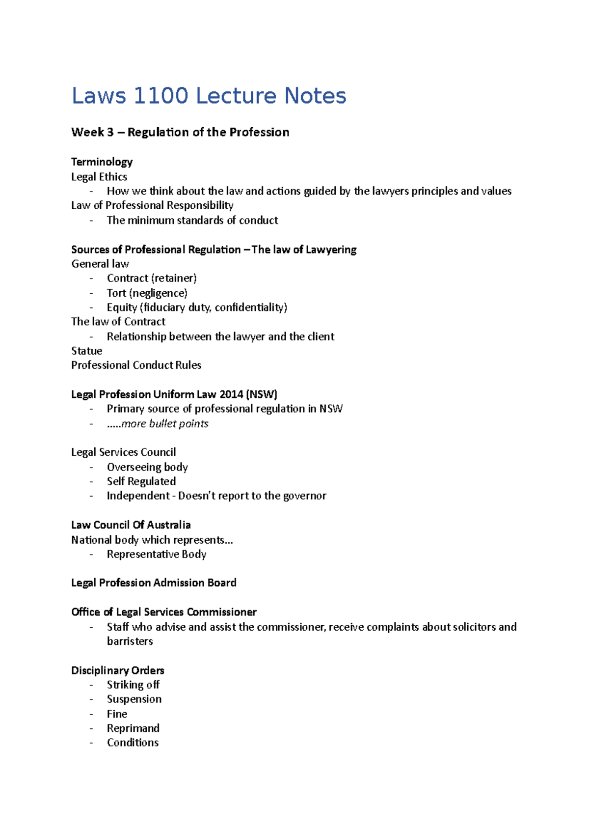 Laws 1100 Lecture Notes - Laws 1100 Lecture Notes Week 3 – Regulation ...