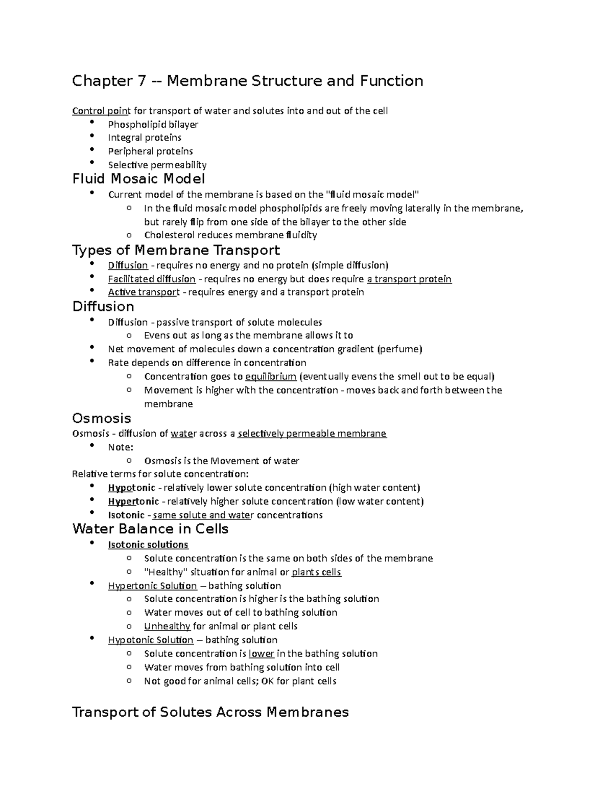 Bio chapter 7 - Chapter 7 - Membrane Structure and Function Control ...