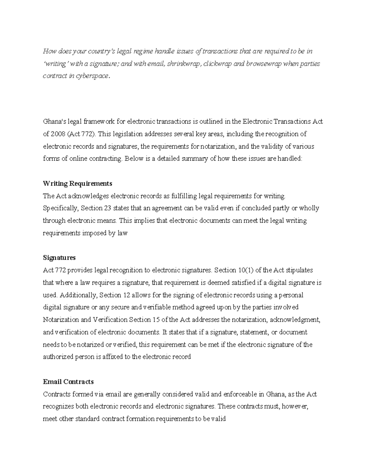 Week 9 easy on transactional validity - How does your country’s legal ...