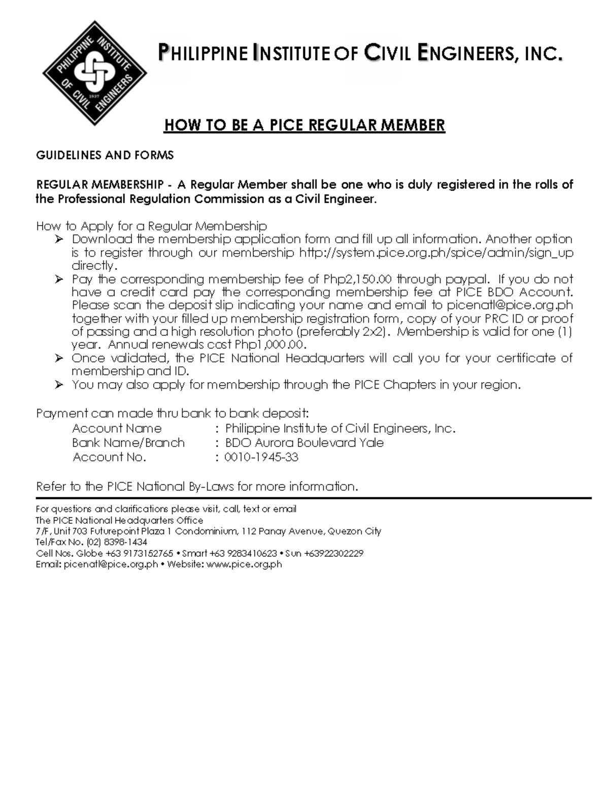 PICE Membership - HOW TO BE A PICE REGULAR MEMBER GUIDELINES AND FORMS ...