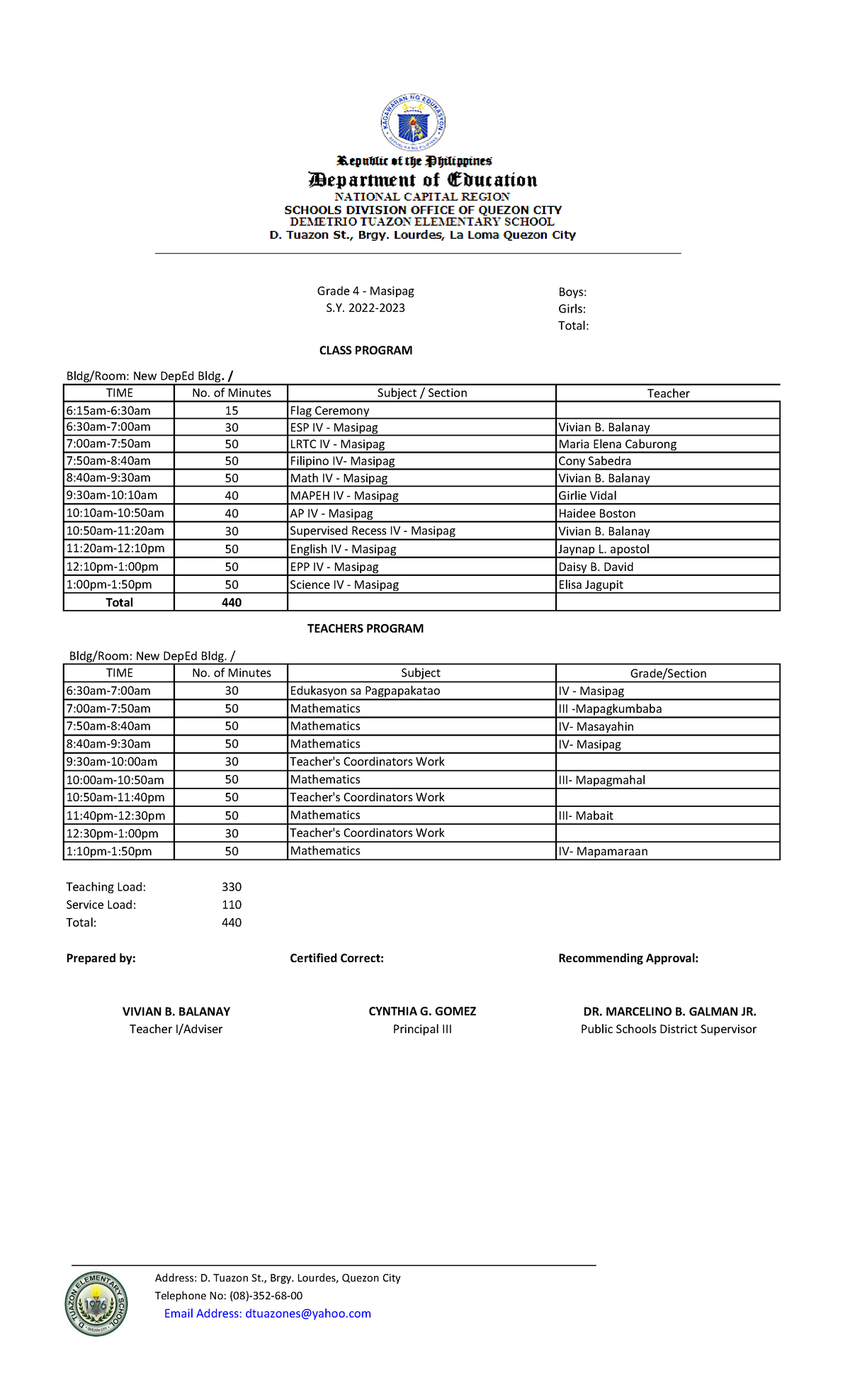 Classprogram SY 2022 Grade 3 6 - Boys: Girls: Total: Bldg/Room: New ...