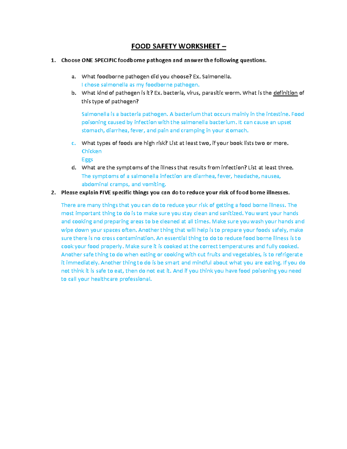 Food Safety Worksheet - FN235 Nutrition for Health - FOOD SAFETY ...