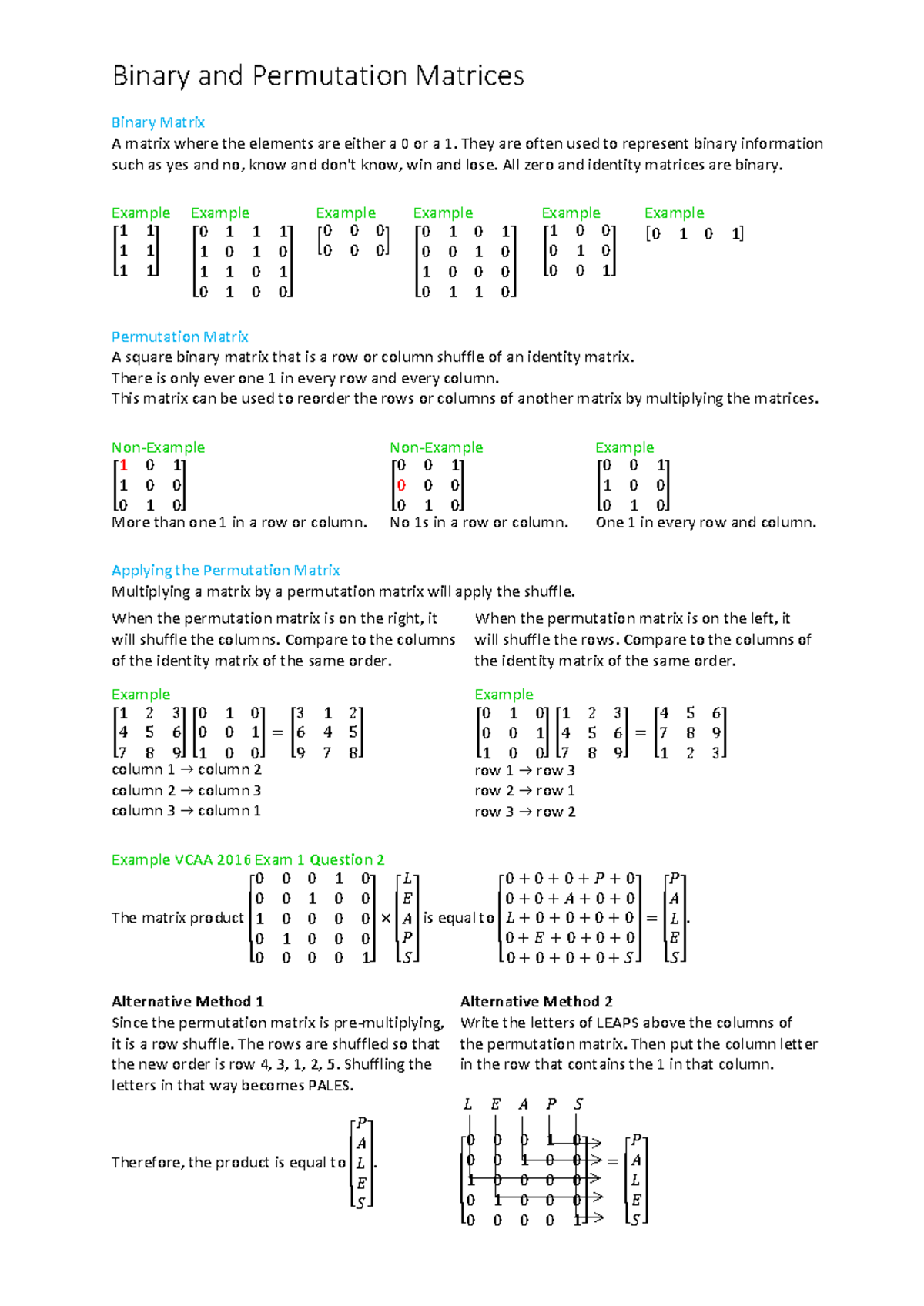 Binary and Permutation Matrices - Binary Matrix A matrix where the ...