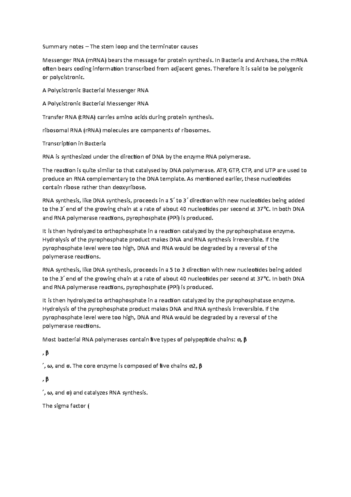 Summary notes – The stem loop and the terminator causes - BIOL 1407 ...