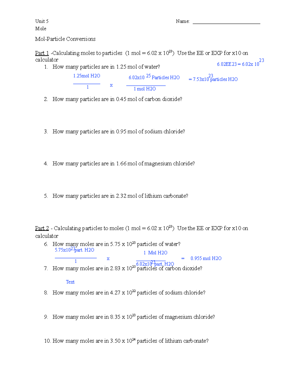 U5 - Notes on Particles, Mols, and Conversions - Unit 5Mole Name