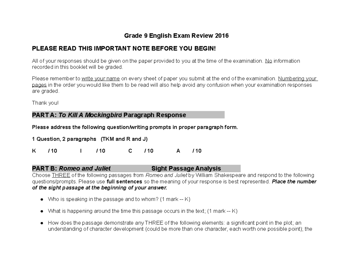 Grade 9English Exam Review 2016 - sosc1000 - Yorku - Studocu