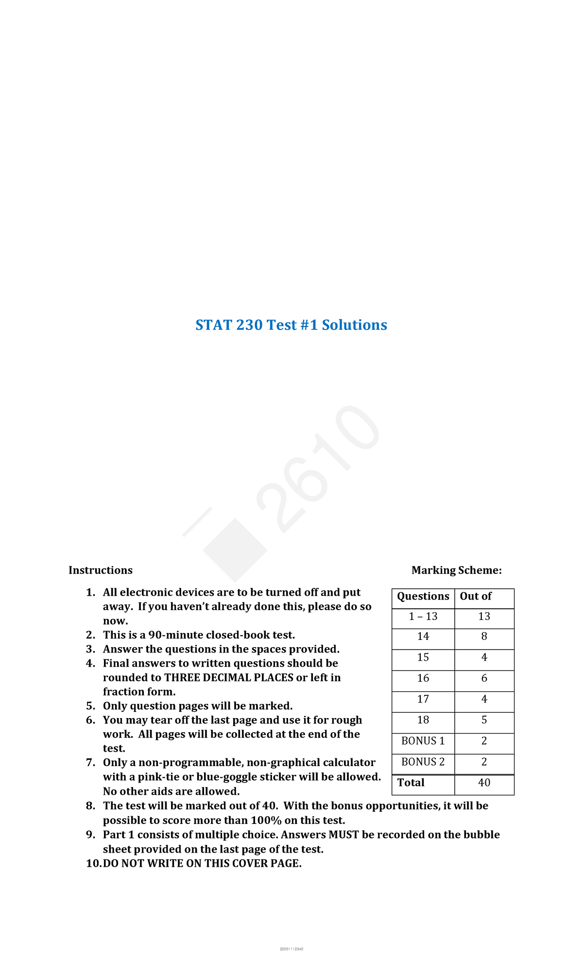 Practice Exam 2 - STAT 230 Test #1 Solutions Instructions Marking ...
