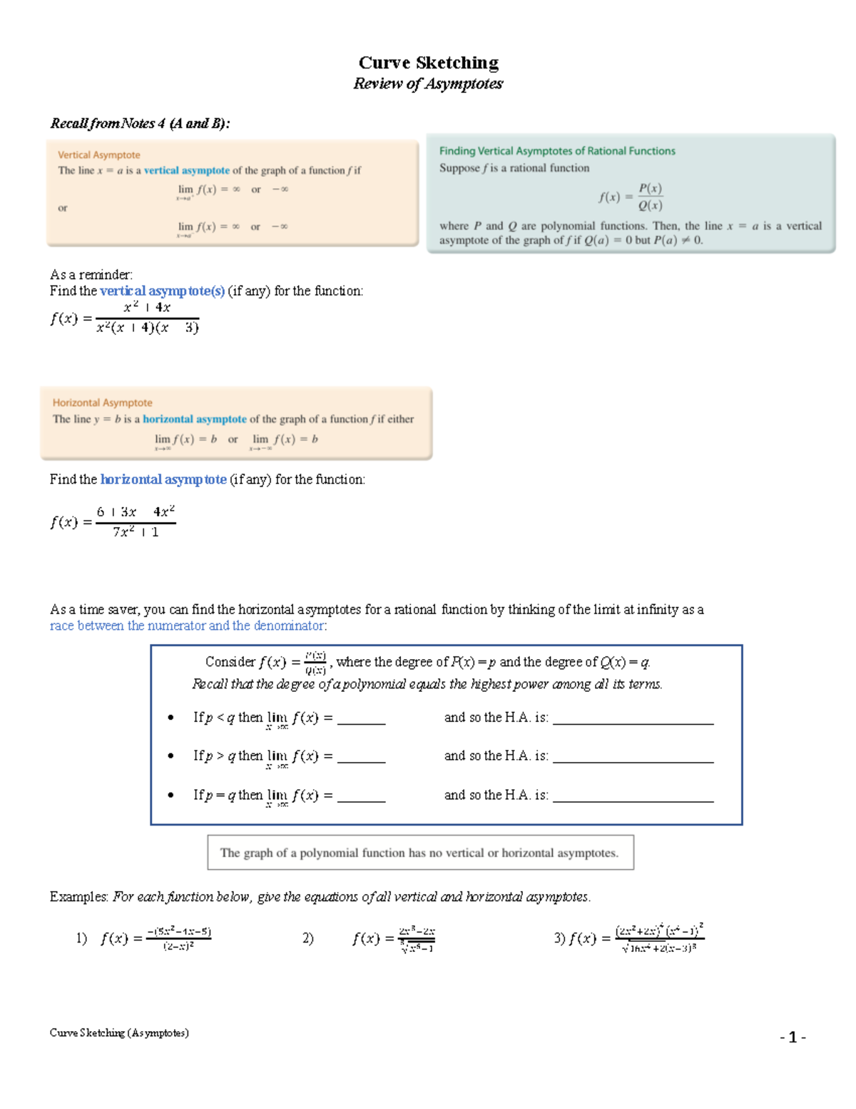 10B Curve Sketching - calculus 1 - Curve Sketching (Asymptotes) -1 ...