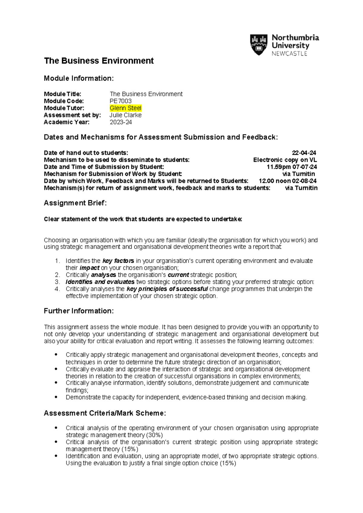 PE7003 Coursework Brief 4-24 - The Business Environment Module Information: Module Title: The ...