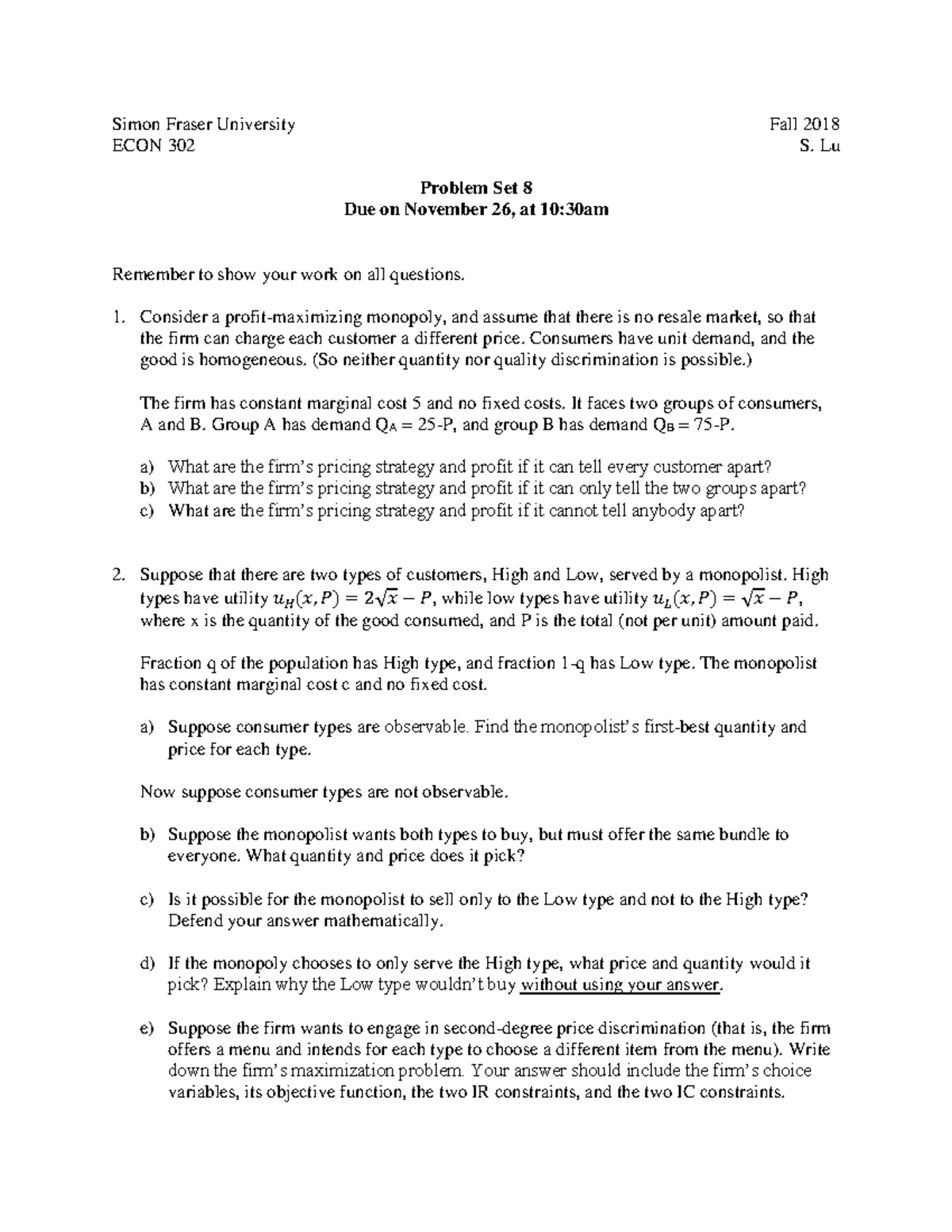 PS8-Nov26 - Problem Set 8 - Simon Fraser University Fall 2018 ECON 302 ...