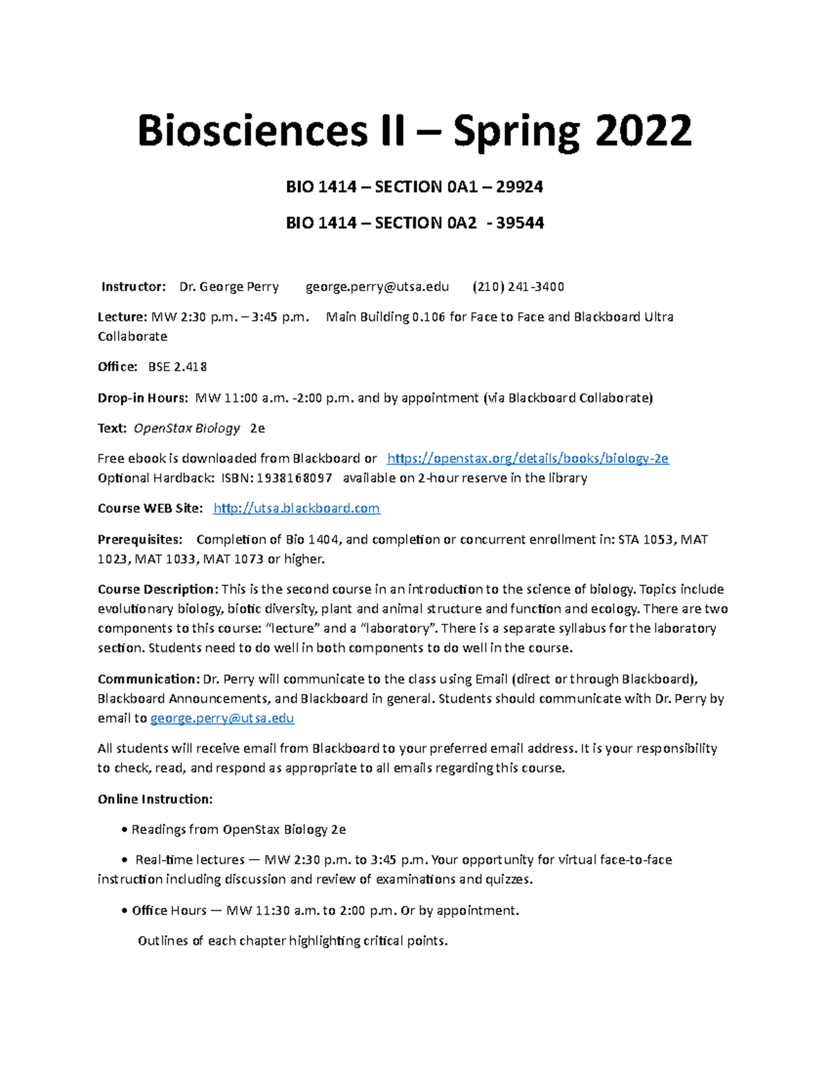 Biosciences II Spring 2022 revised 1-24 notes - Biosciences II – Spring ...