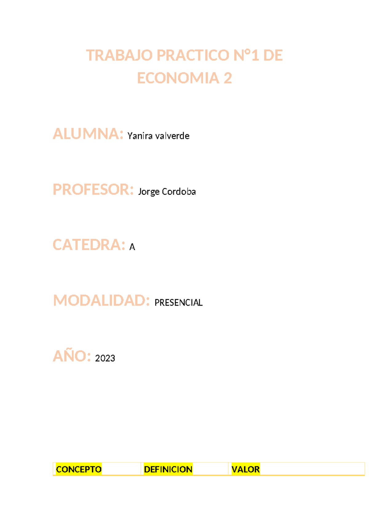 Trabajo 1 Economia 2 - TRABAJO PRACTICO N°1 DE ECONOMIA 2 ALUMNA: Yanira valverde PROFESOR ...