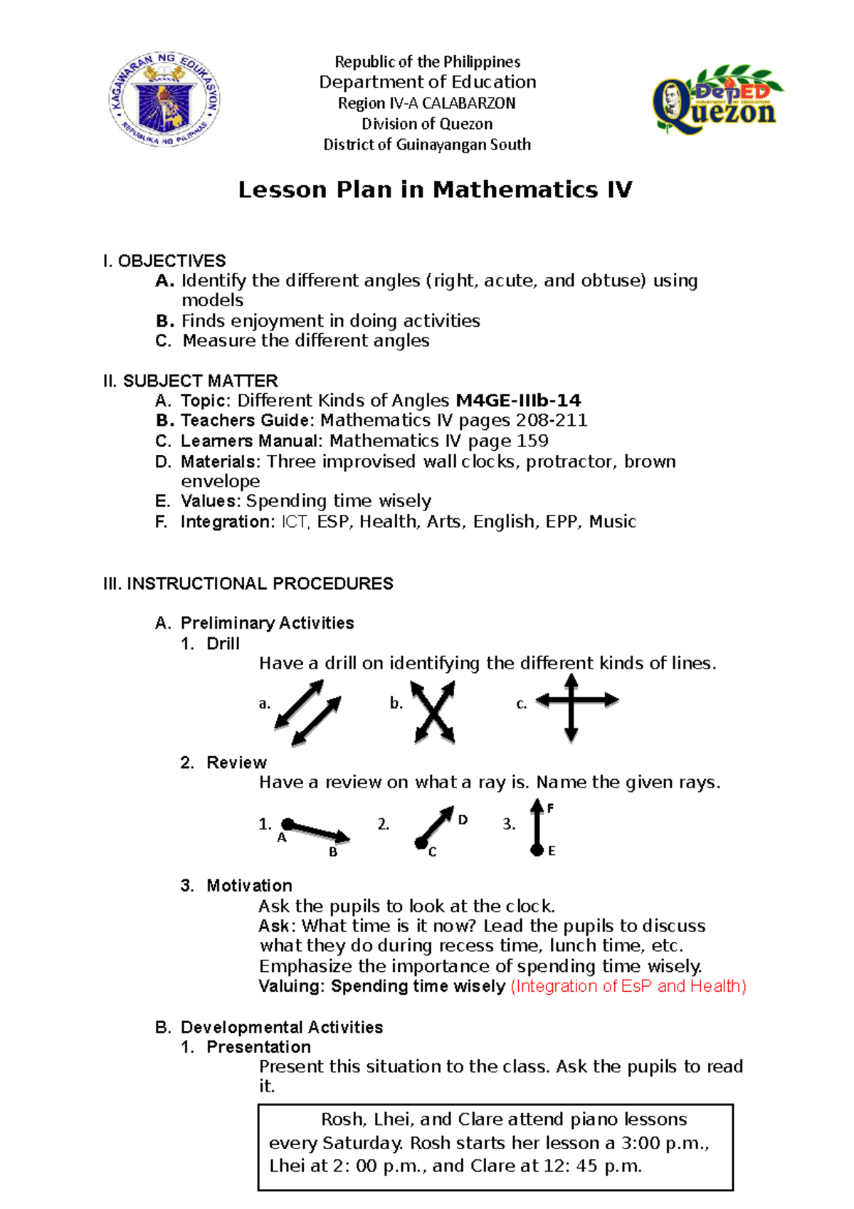 Lesson Plan in Mathematics IV - Republic of the Philippines Department ...