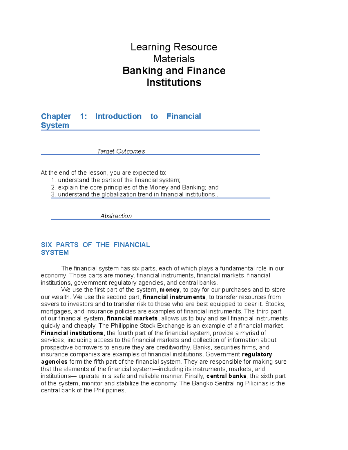 Banking and Finance Institutions Lecture - Learning Resource Materials ...