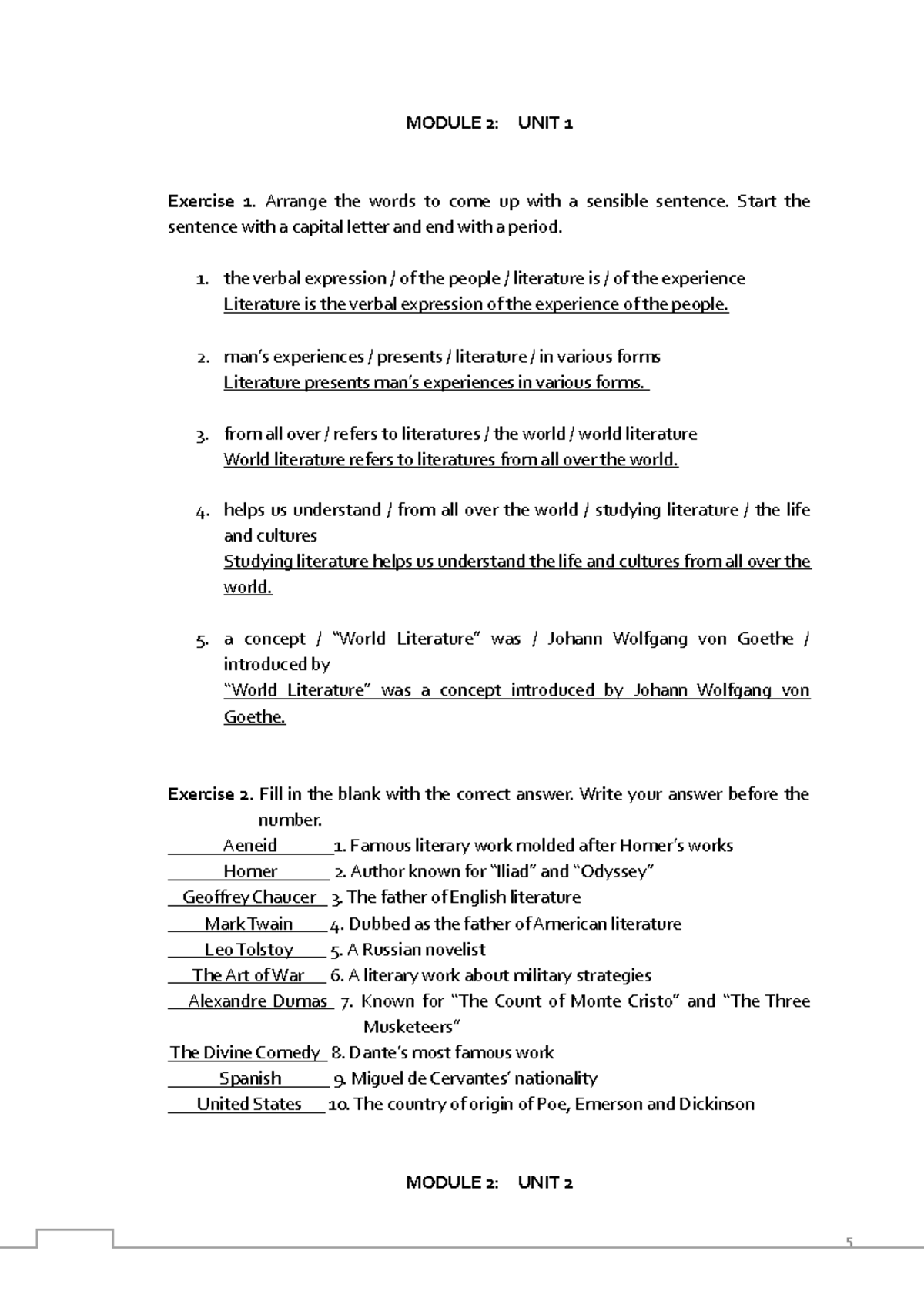 Literatures of the world Topic 2 - MODULE 2: UNIT 1 Exercise 1. Arrange ...