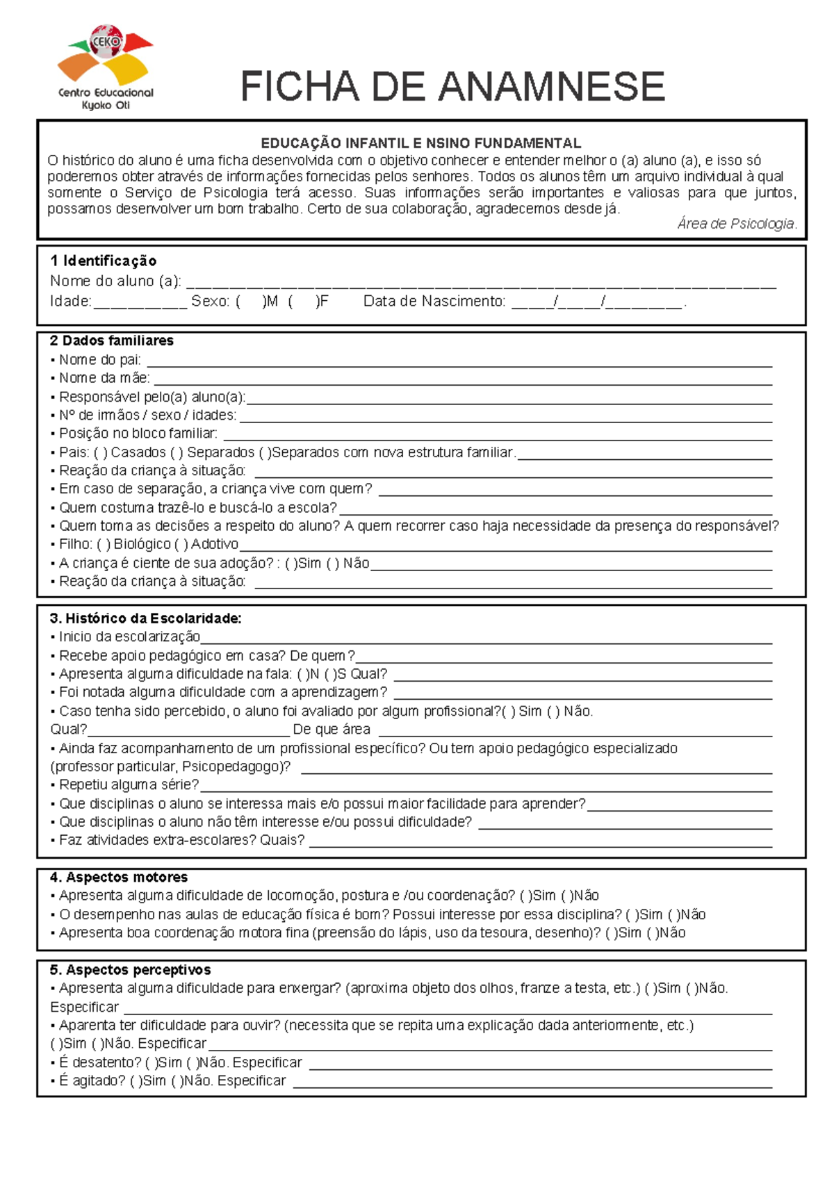 Ficha DE Anamnese - FICHA DE ANAMNESE EDUCAÇÃO INFANTIL E NSINO ...