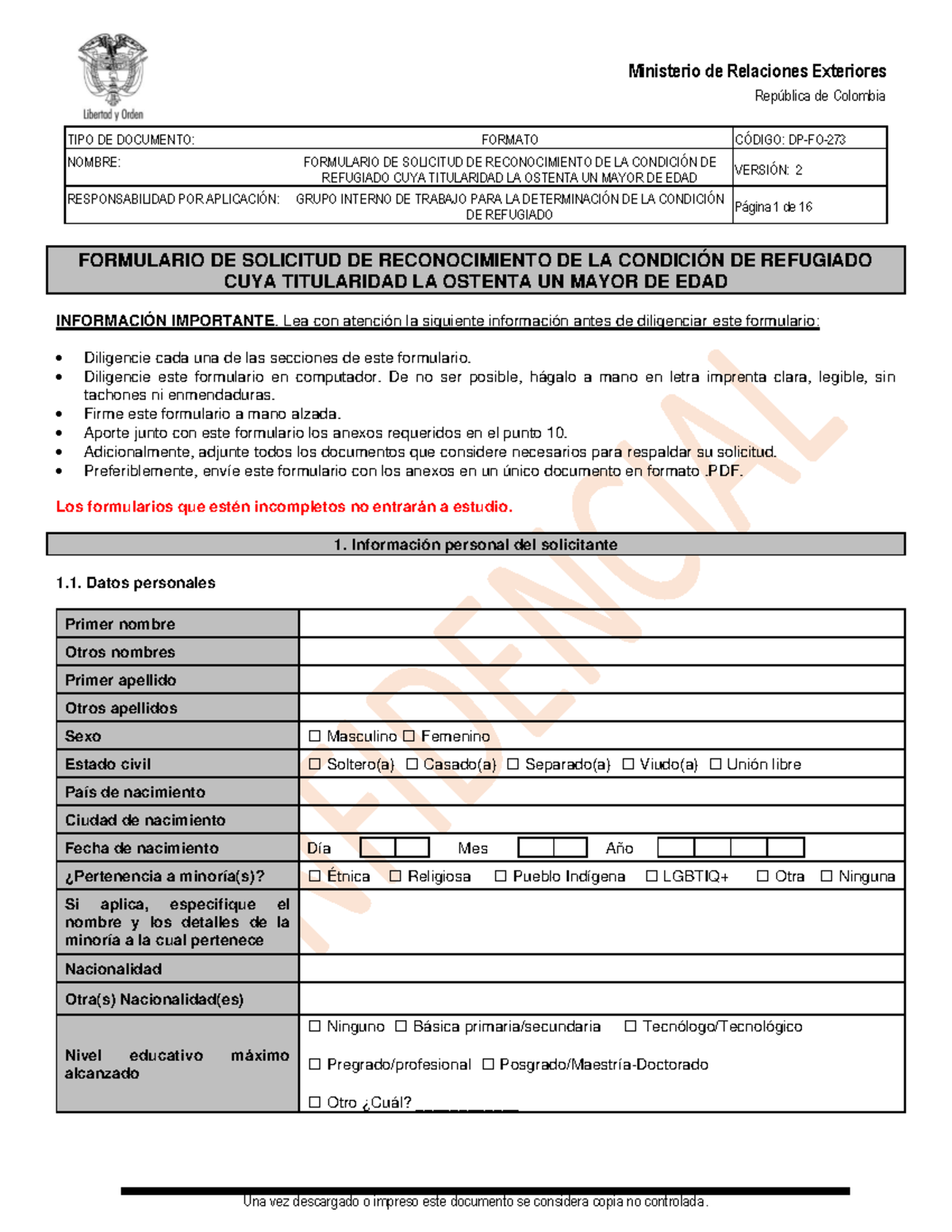 DP-FO-273 Formulario DE Solicitud DE Reconocimiento DE LA Condicion DE ...