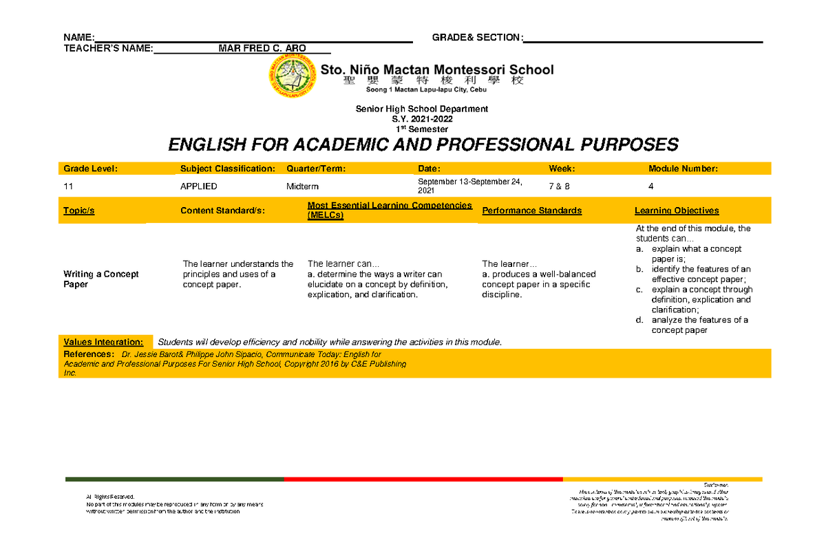 Module 4 EAPP - TEACHER’S NAME: MAR FRED C. ARO Grade Level: Subject ...