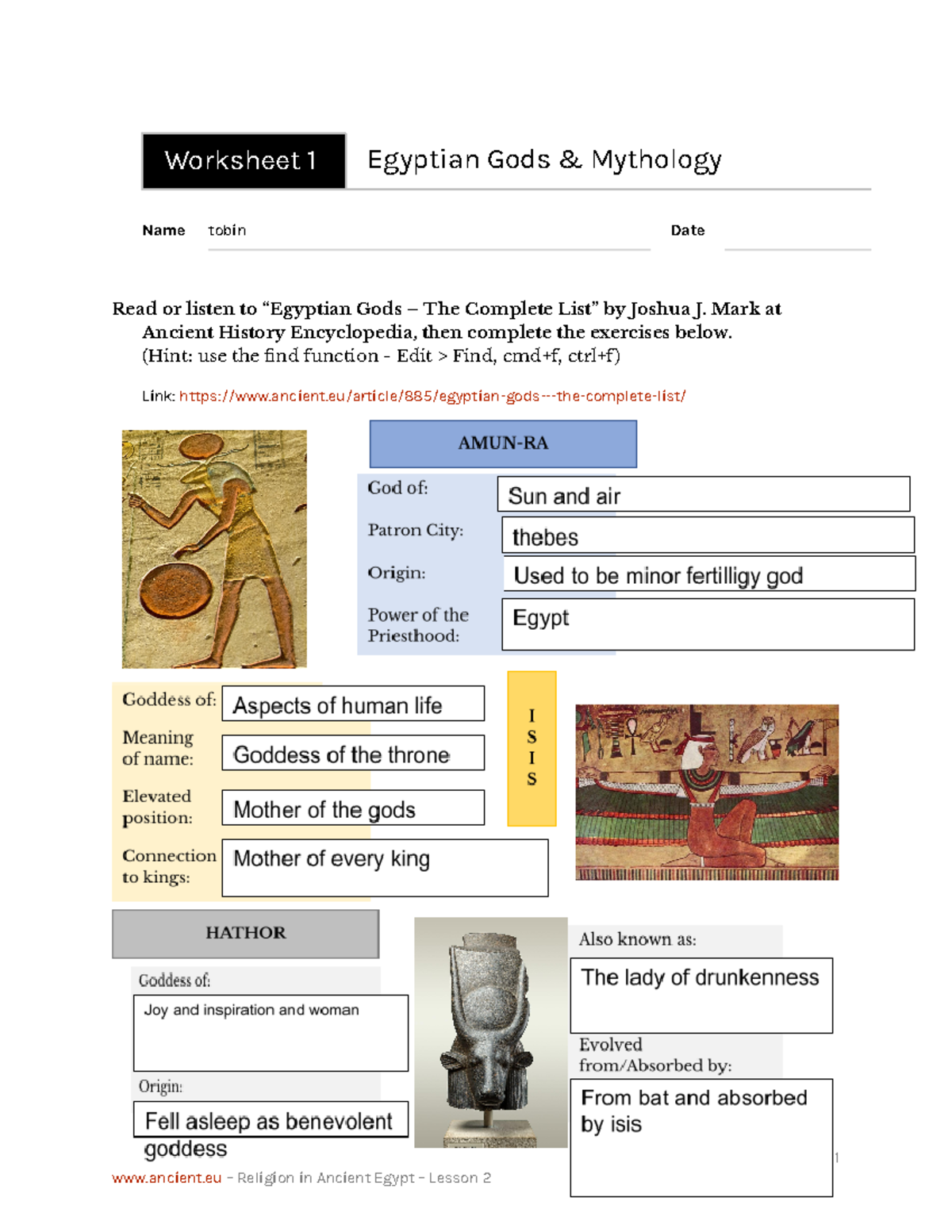 Copy of 2 Egyptian Gods & Mythology - Worksheet 1 Egyptian Gods ...