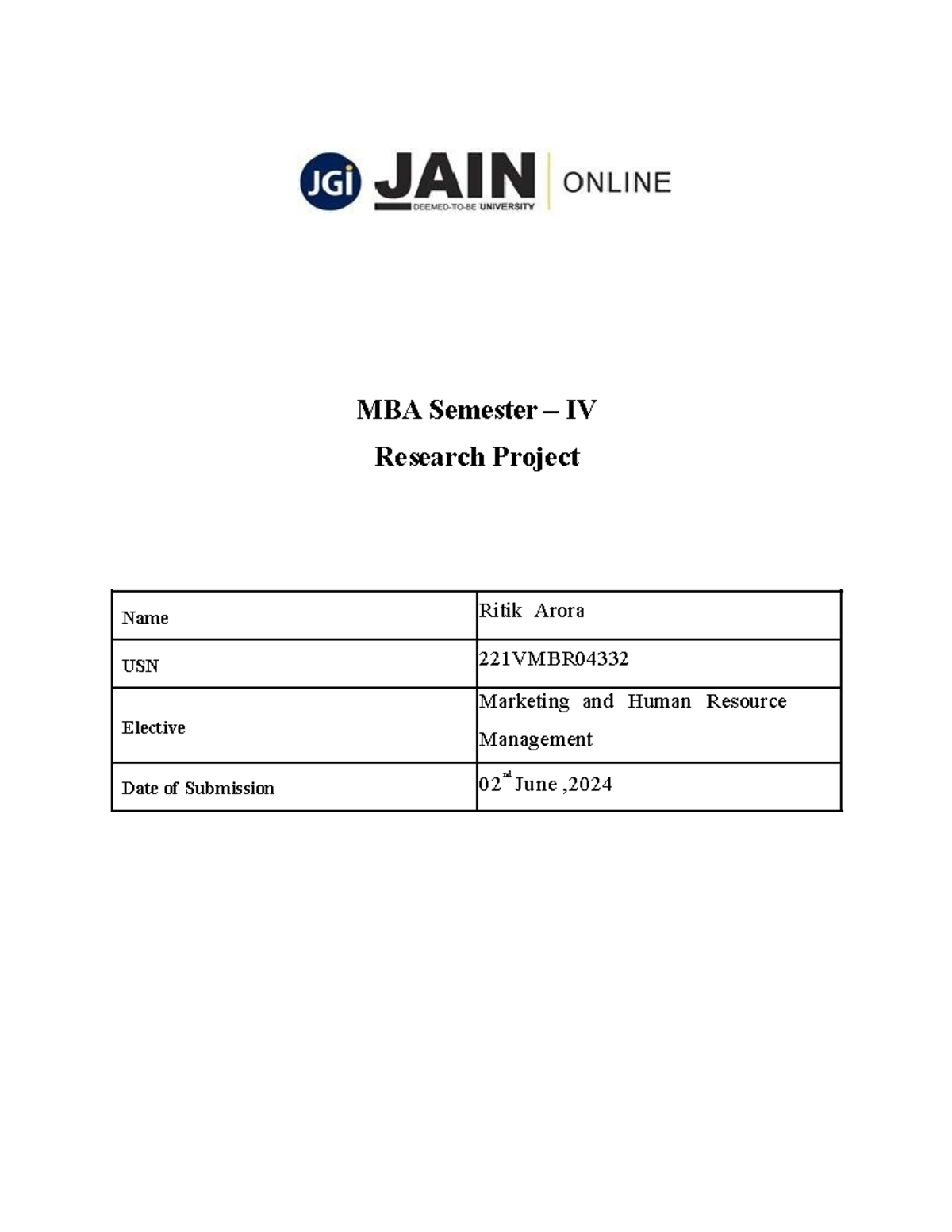 File Ritik Arora 1 Mba Semester Iv Research Project Name Ritik Arora Usn 221vmbr Elective