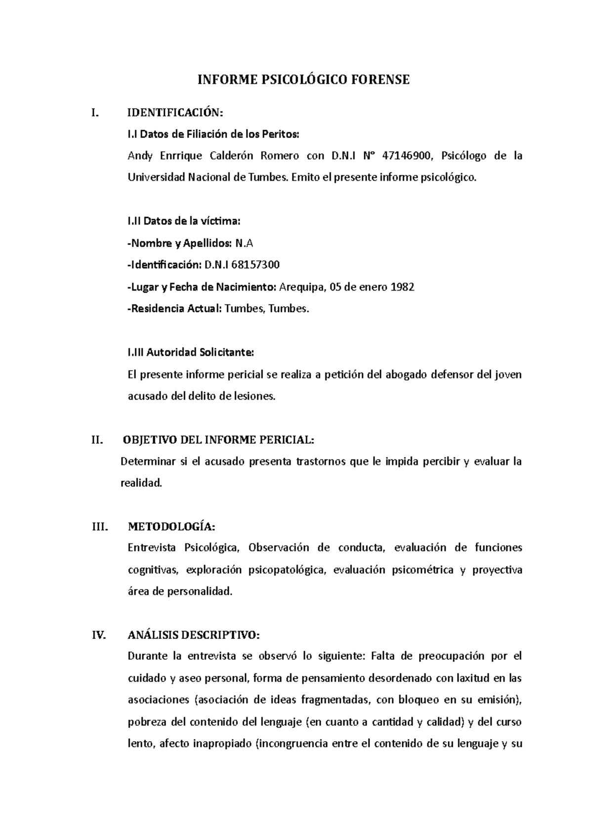 325297819 Informe Psicologico Forense CASO N 01 - INFORME PSICOLÓGICO ...