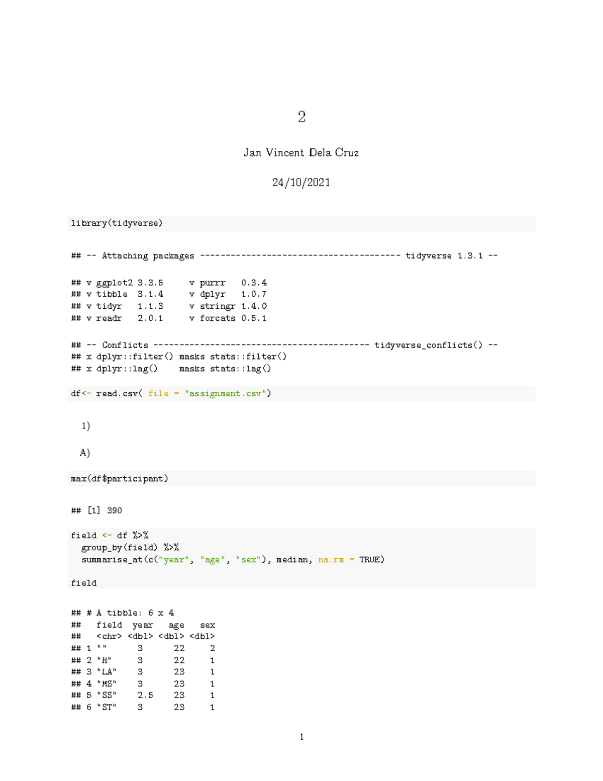 Assignment-2 - assigntment 2 - 2 Jan Vincent Dela Cruz 24/10/ library(tidyverse) - Attaching ...