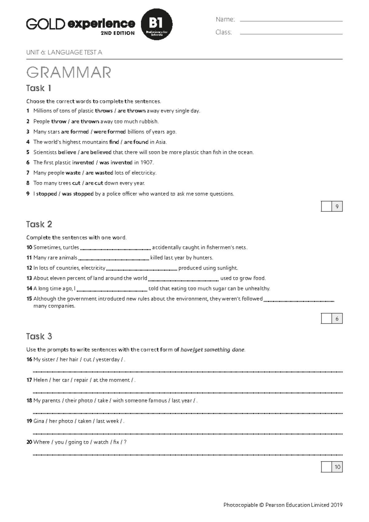 Gold Exp B1 U6 Lang Test A - GRAMMAR Task 1 Choose the correct words to ...