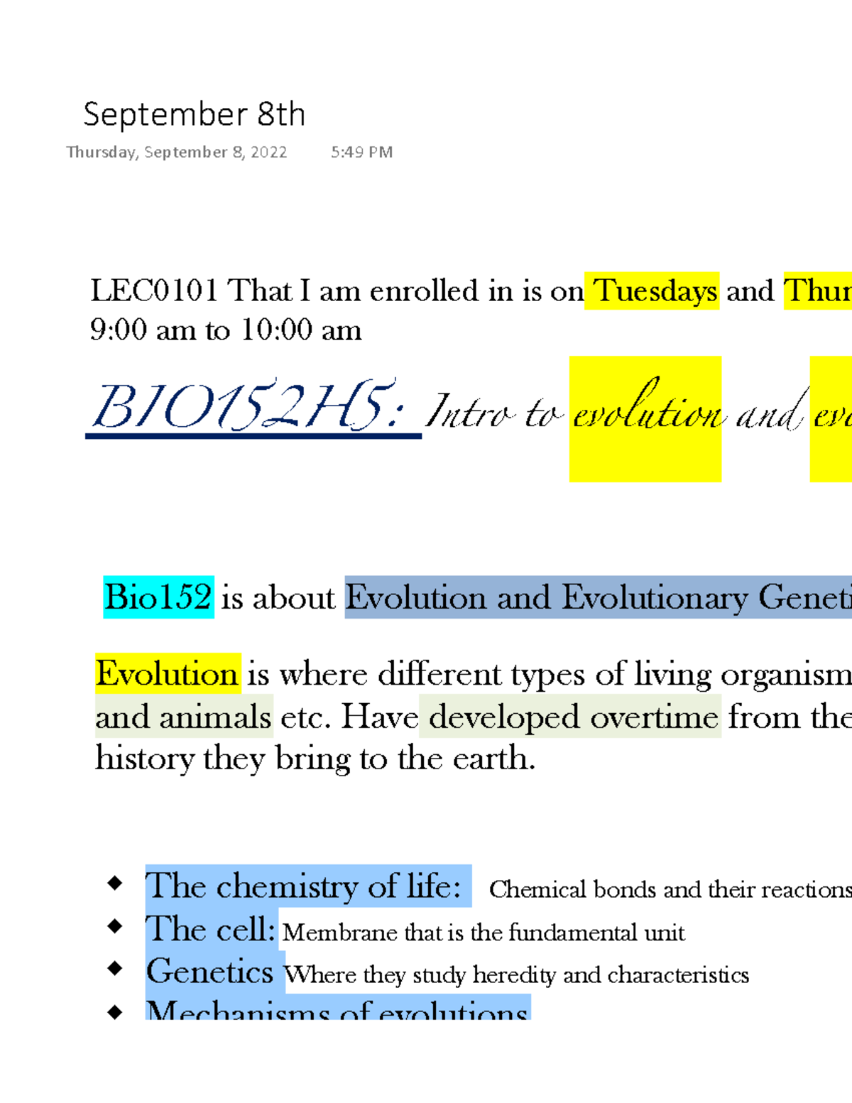 September 8th.pdf bio - notes - BIO152H5: Intro to evolution and evo ...