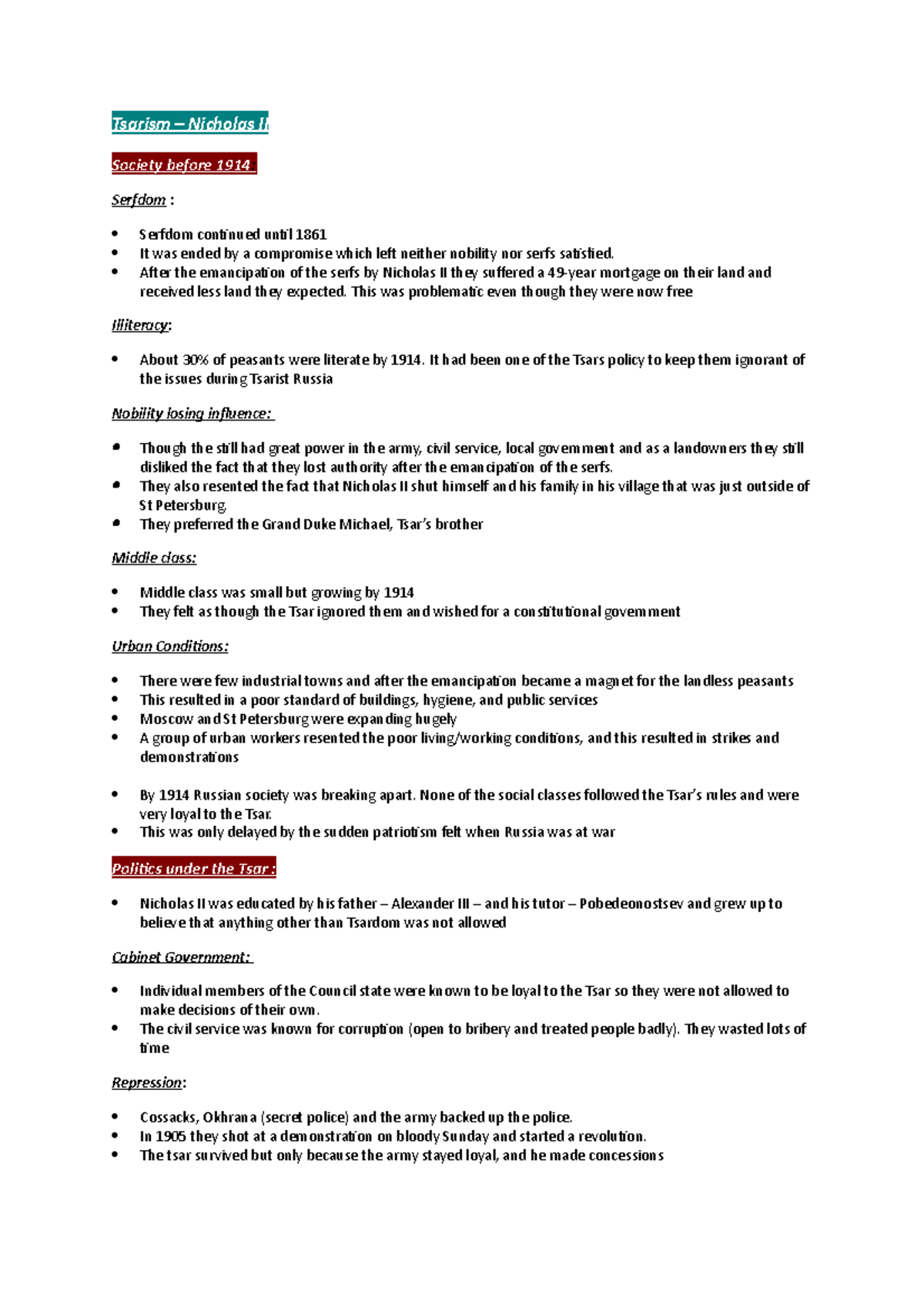 History revision - Tsarism – Nicholas II Society before 1914: Serfdom ...