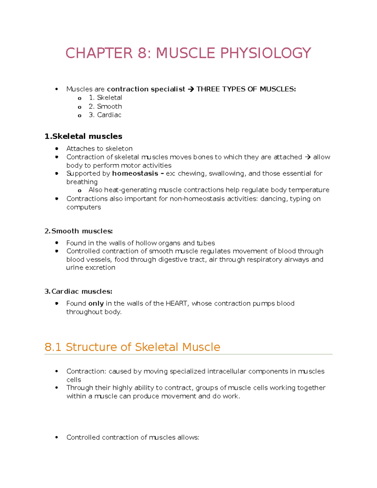 Chapter 8 Muscles - CHAPTER 8: MUSCLE PHYSIOLOGY Muscles are ...