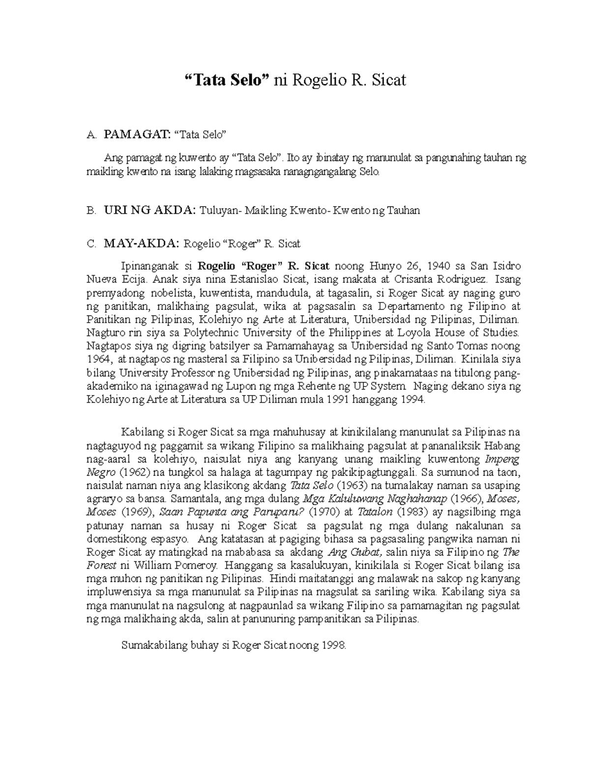 Pagsusuri-tata-selo - NOted quiz lectures - “Tata Selo” ni Rogelio R. Sicat A. PAMAGAT: “Tata ...