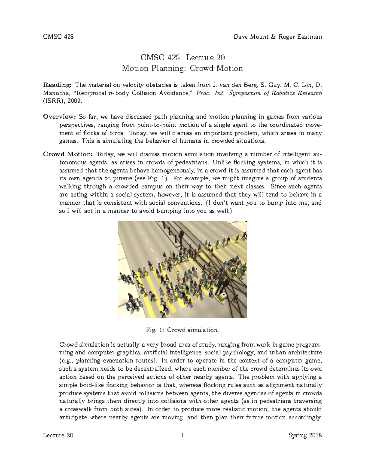 Lect20-crowd-motion - Game Architecture and design - CMSC 425: Lecture 20 Motion Planning: Crowd ...