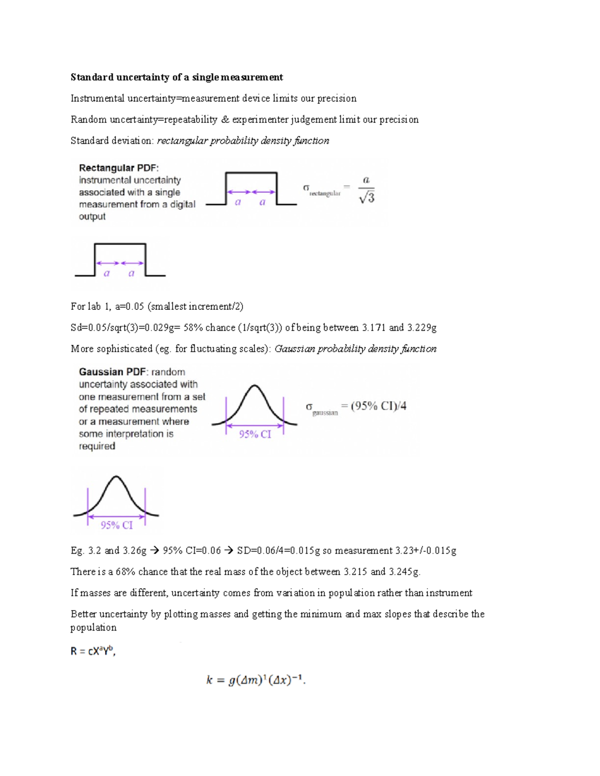 Extra notes for lab 2 - Standard uncertainty of a single measurement ...