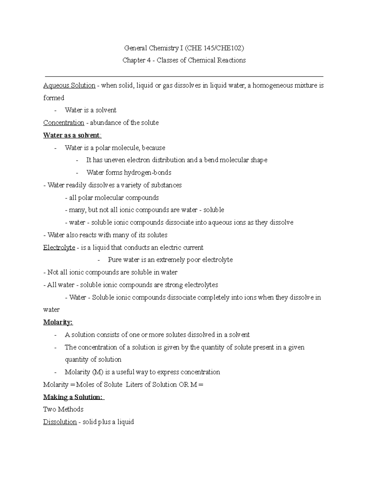 General Chemistry I - Chapter 4 - General Chemistry I (CHE 145/CHE102 ...