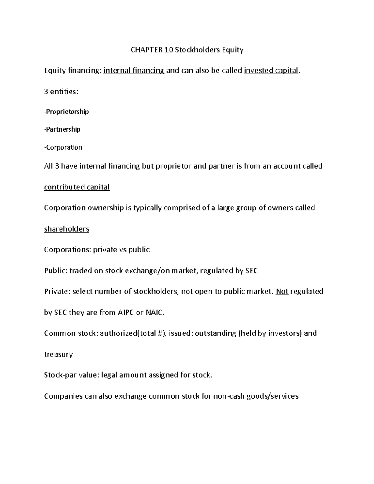 Acctg 230 ch10 - CHAPTER 10 Stockholders Equity Equity financing ...