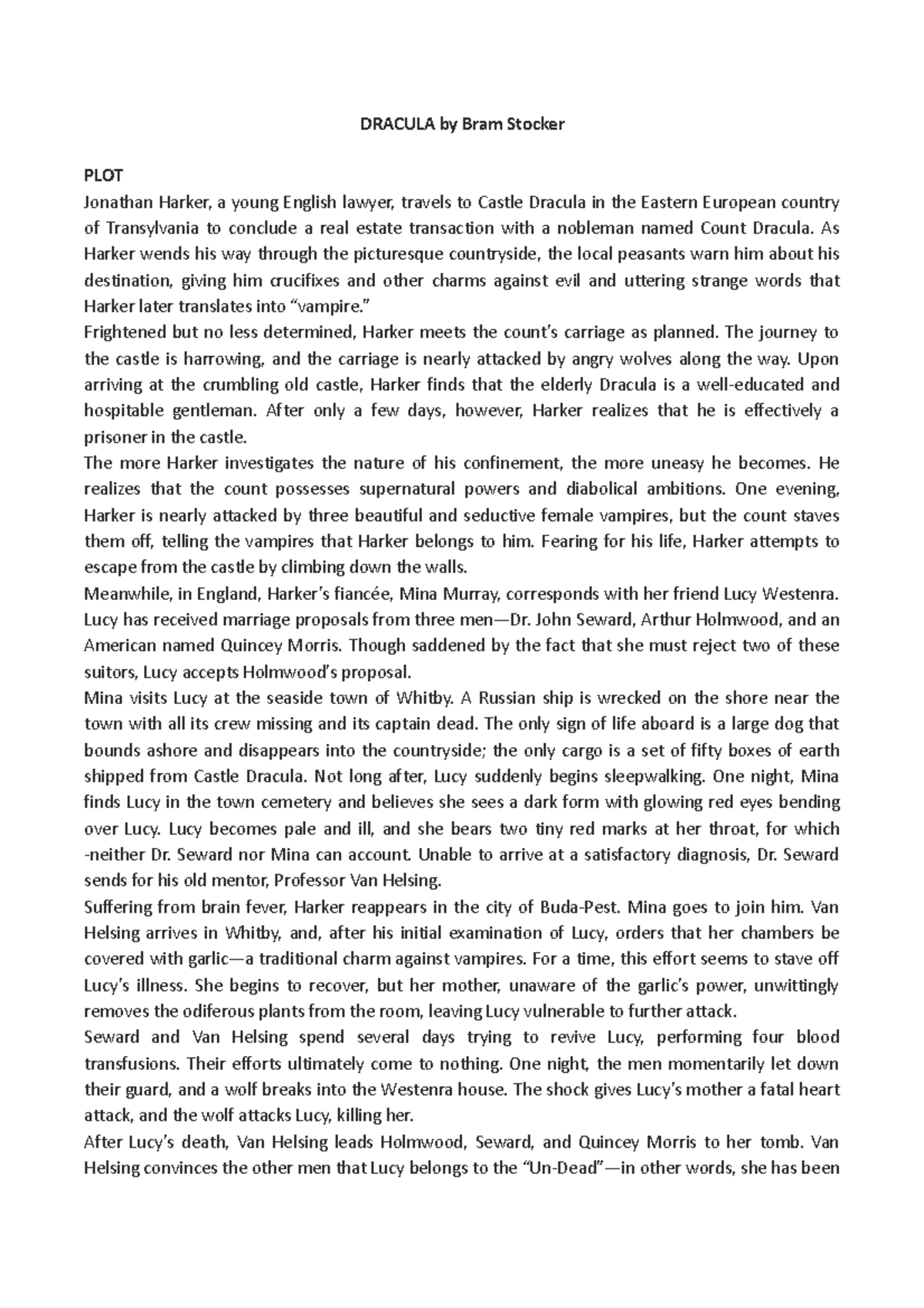 Dracula Notes - DRACULA by Bram Stocker PLOT Jonathan Harker, a young ...