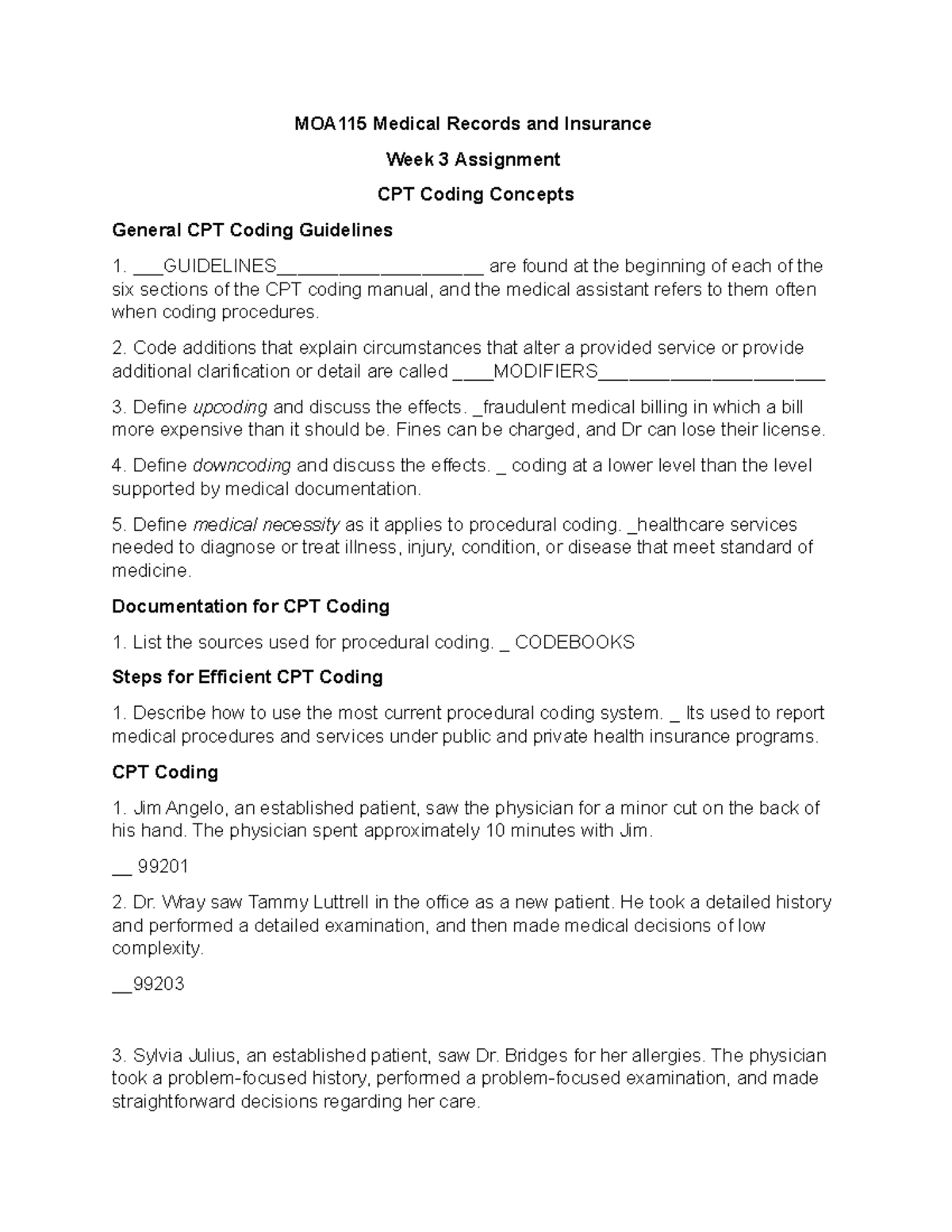 MOA115 Week 3 Assignment - MOA115 Medical Records and Insurance Week 3 Assignment CPT Coding ...