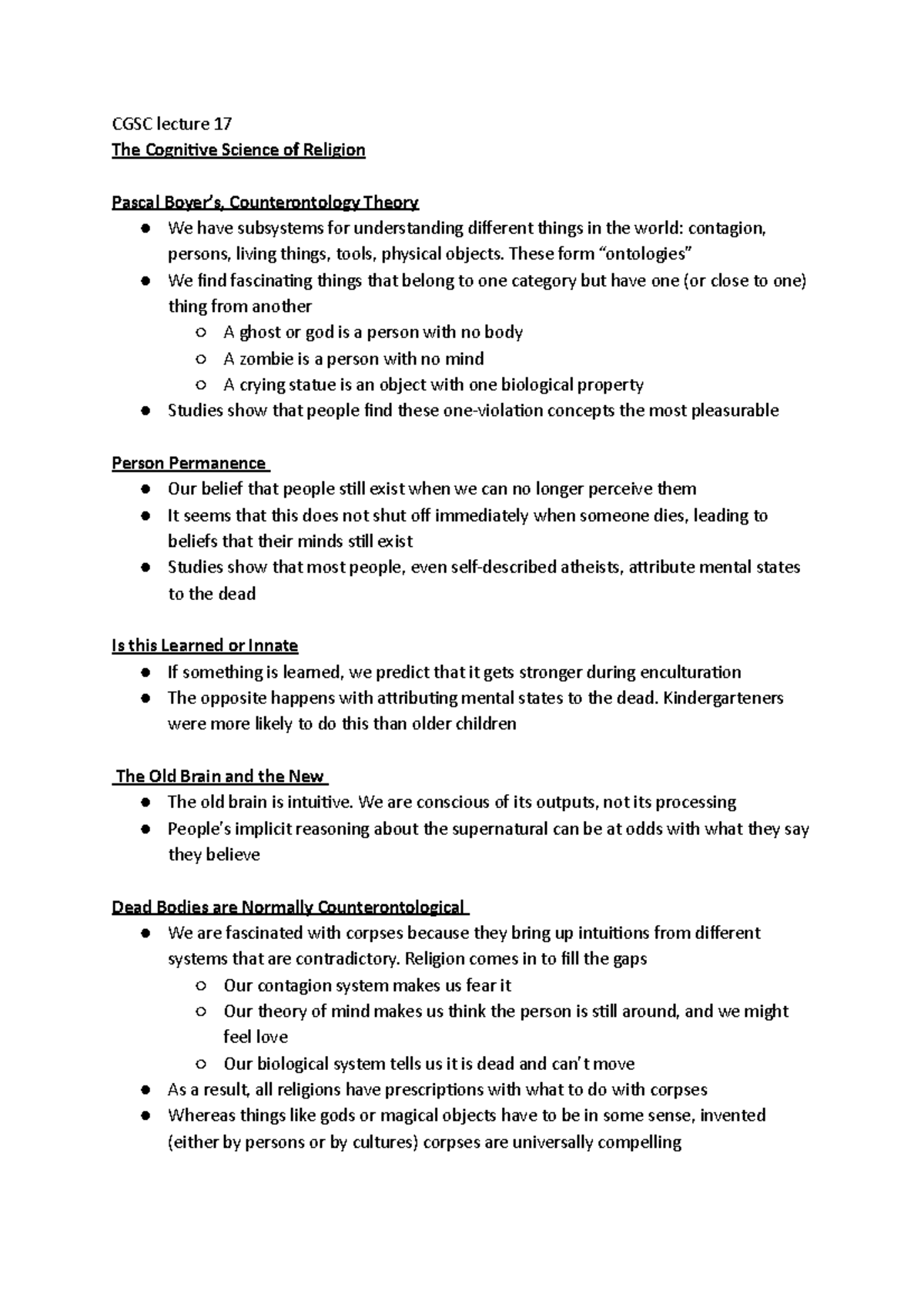 CGSC lecture 17 - CGSC lecture 17 The Cognitive Science of Religion ...