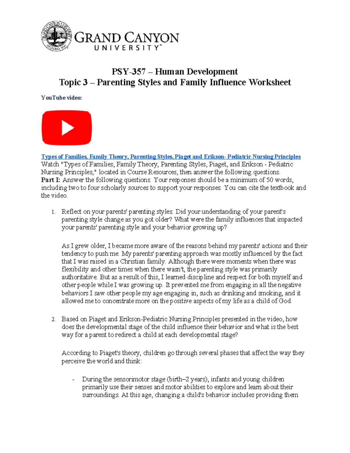 Parenting Styles Family Influence Worksheet - PSY-357 – Human ...