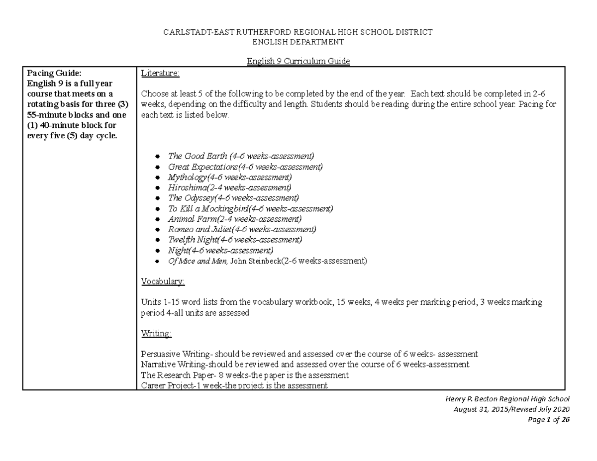 English 9 - .... - ENGLISH DEPARTMENT English 9 Curriculum Guide Pacing ...