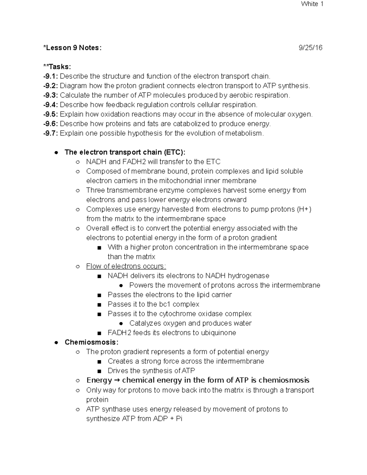 Chapter 9 - Lecture notes 1 - White 1 *Lesson 9 Notes: 9/25/16 **Tasks ...