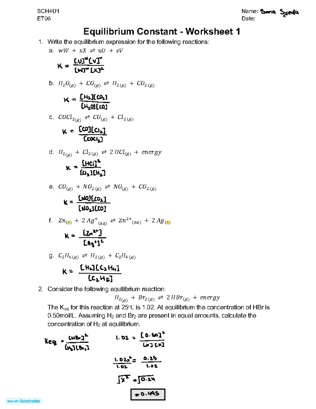 Equilibrium Constant - Work - SCH4U1 Name: ET06 Date: Equilibrium ...