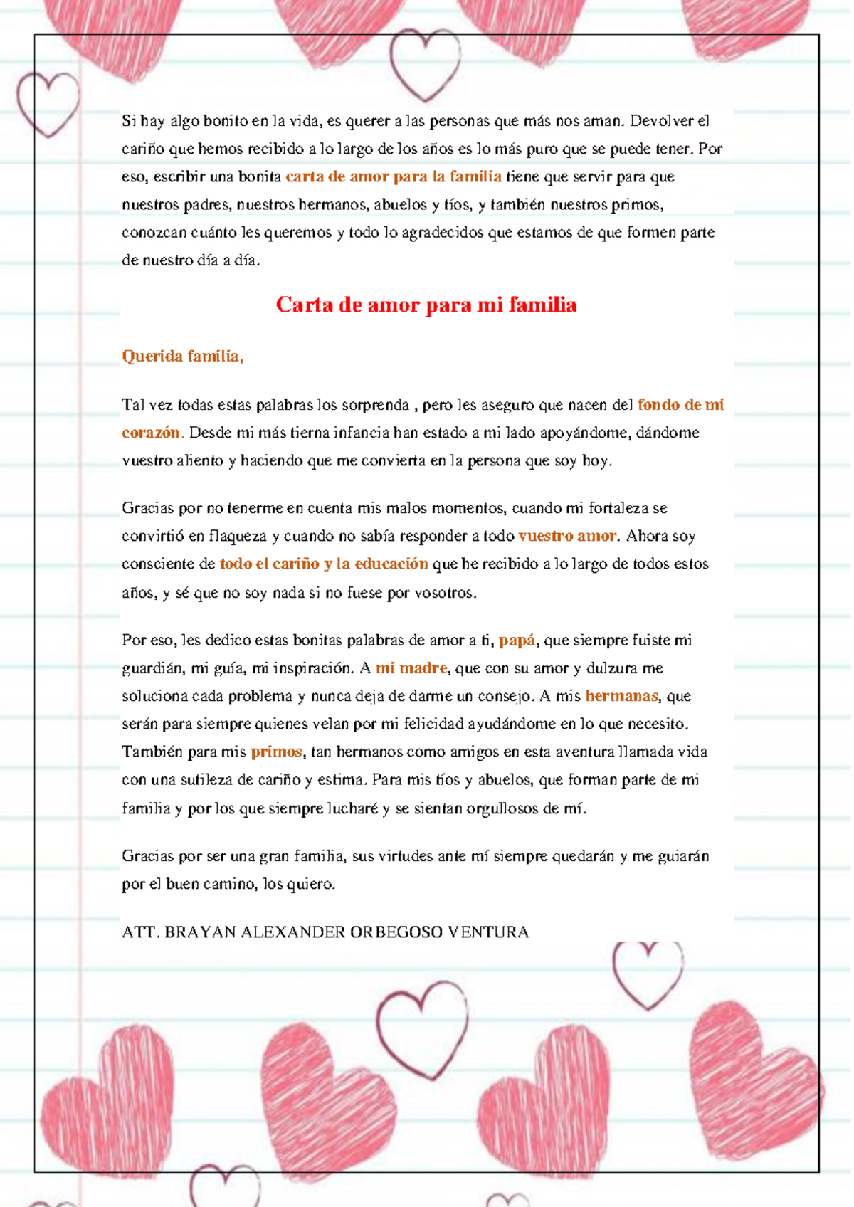 Carta DE AMOR PARA MI Familia 1.1 - Si hay algo bonito en la vida, es ...