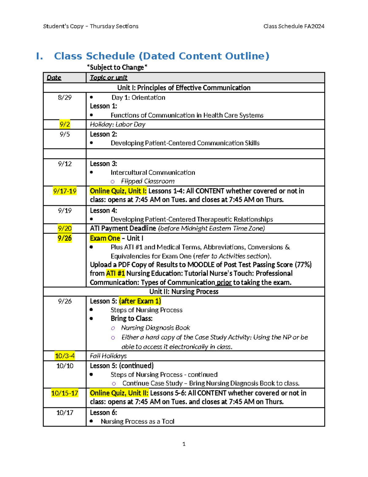 Thursday Class Schedule - Student’s Copy – Thursday Sections Class ...