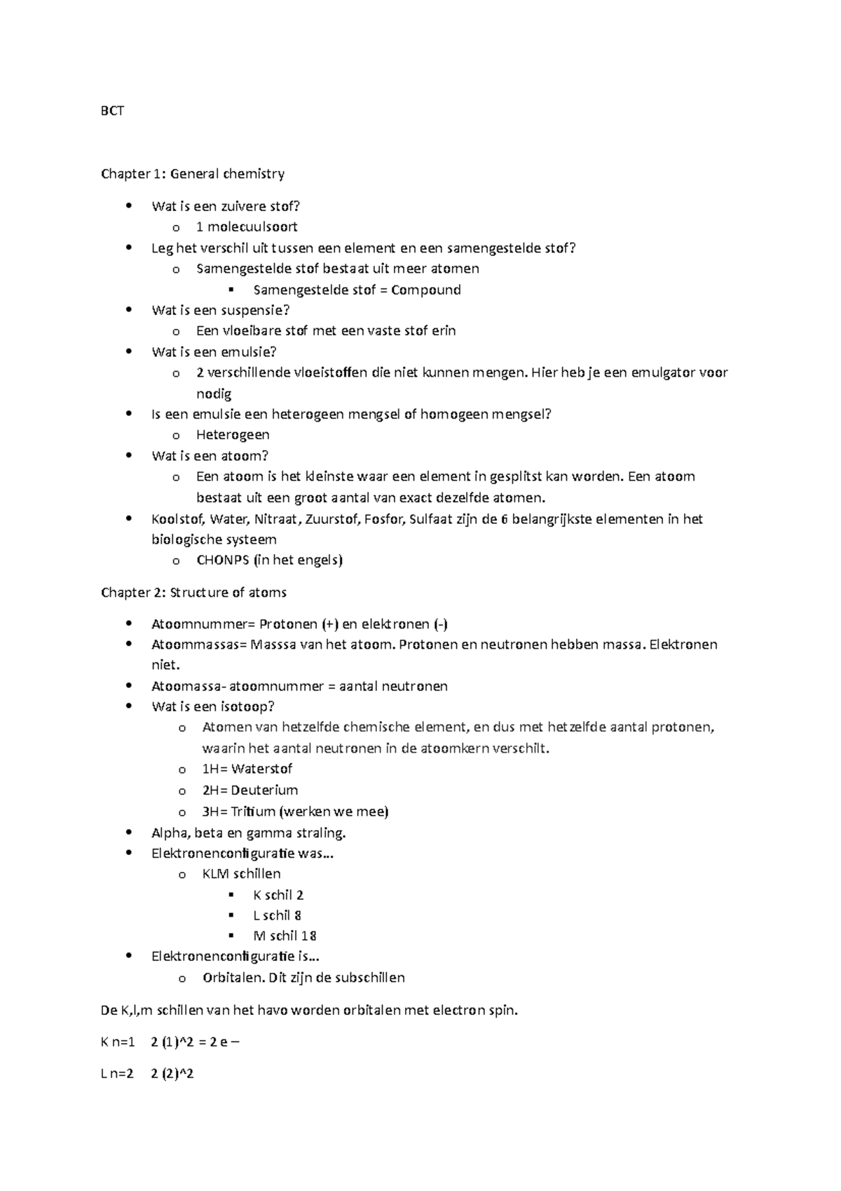 BCT - Samenvatting Biochemische theorie - BCT Chapter 1: General chemistry Wat is een zuivere ...